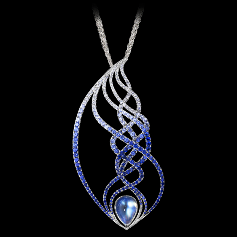 Moonstone, Sapphire, Diamond & Gold Pendant | Harmony | Couture Jewelry